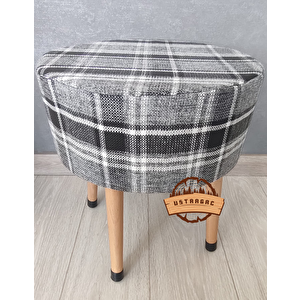 Ustaagac Puf Koltuk Tabure // Gri Örme Ekose // Ahşap Gürgen Ayaklı | Puf